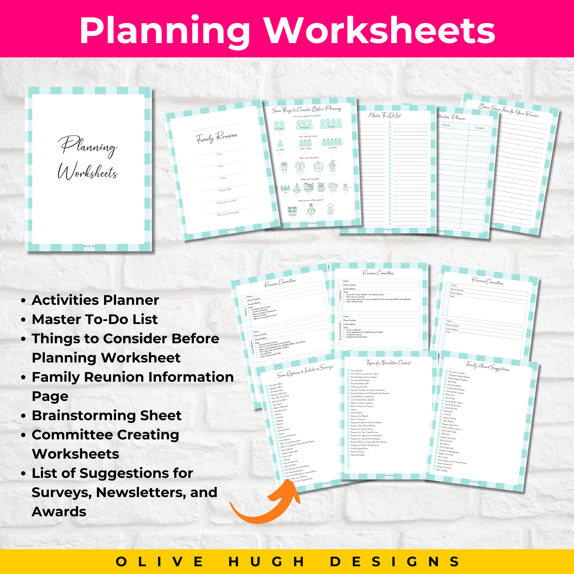 Family Reunion Planner PDF in Mint • Printable and Fillable Worksheets ...