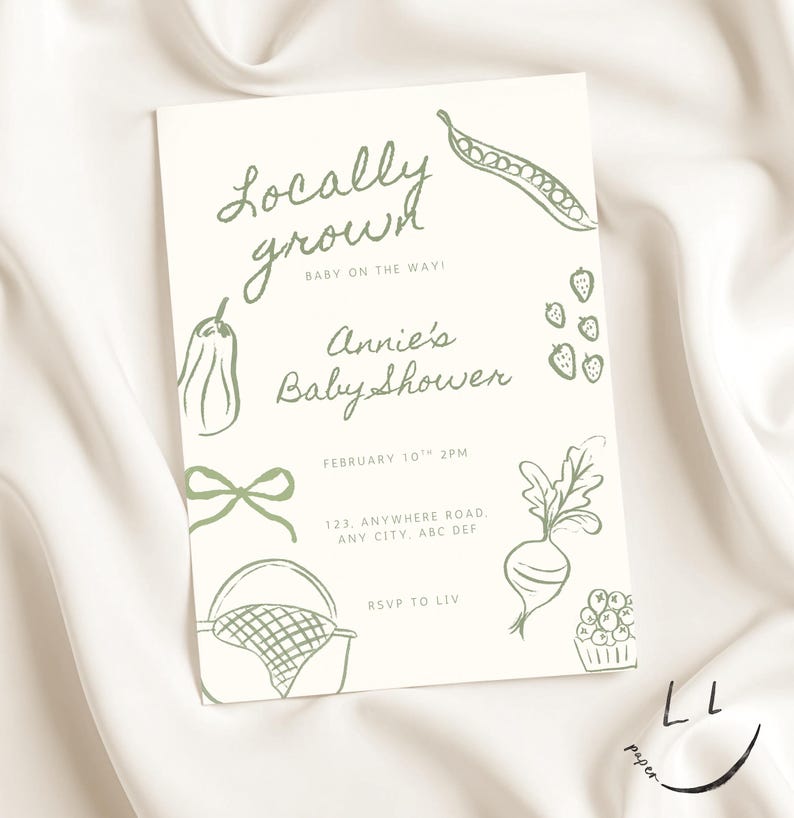 Locally Grown Baby Shower Invitation: Hand Drawn Farmers Market Invite ...