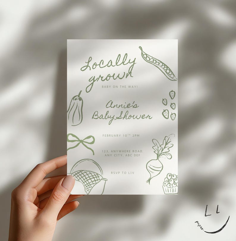 Locally Grown Baby Shower Invitation: Hand Drawn Farmers Market Invite ...