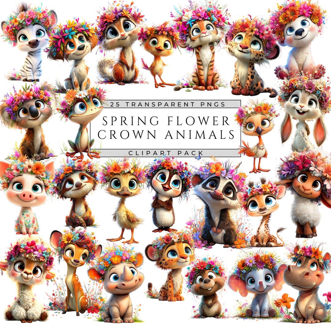 Whimsical Spring Animals Clipart – Flower Crown Pngs (digital Download ...