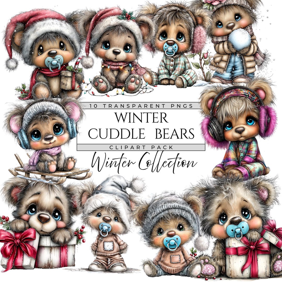 Winter Cuddle Bears Clipart Pack - 10 Adorable Baby Teddy Pngs - Kawaii ...