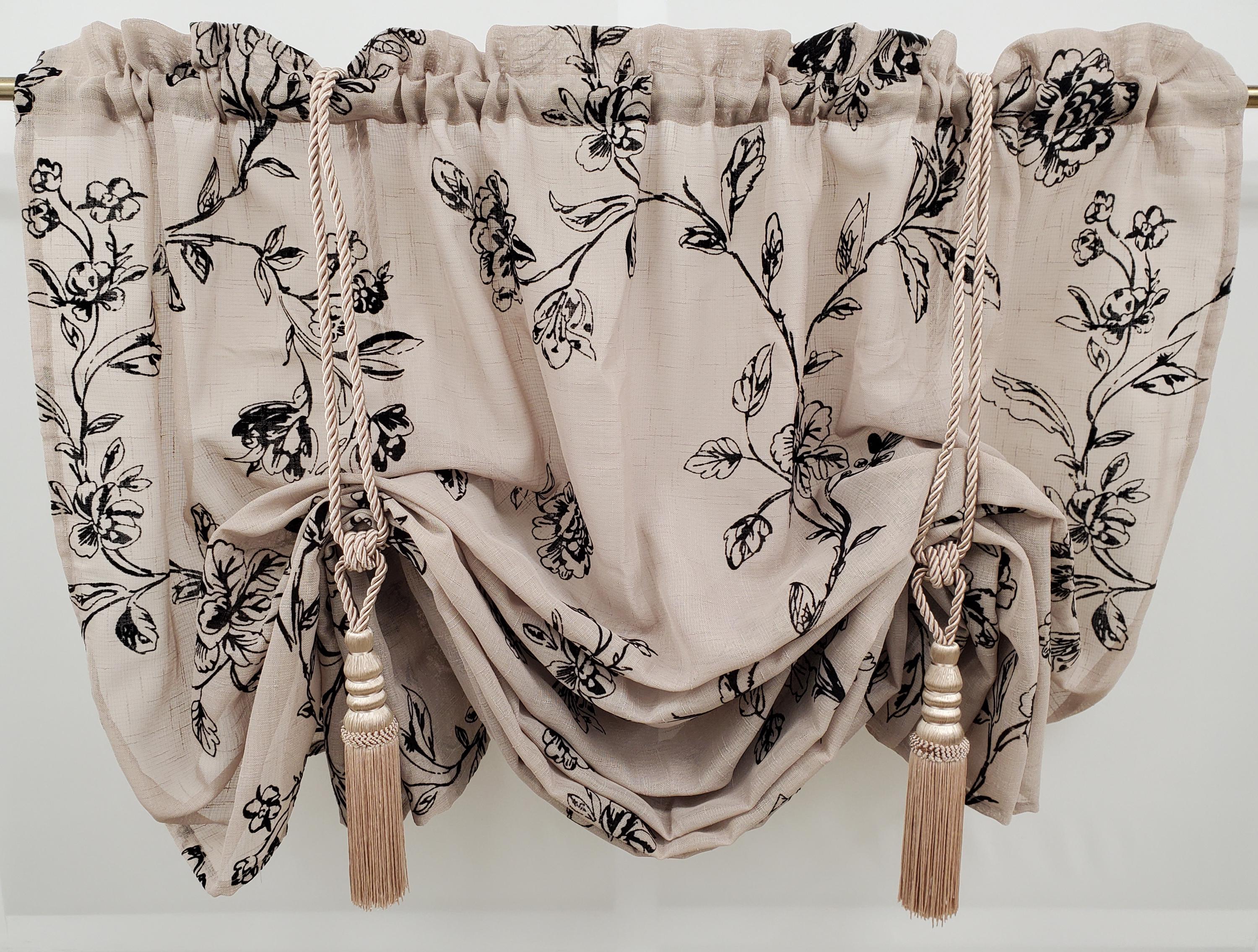 Customizable Flocked Natural/black Semi-sheer Linen-look Tie-up Valance ...