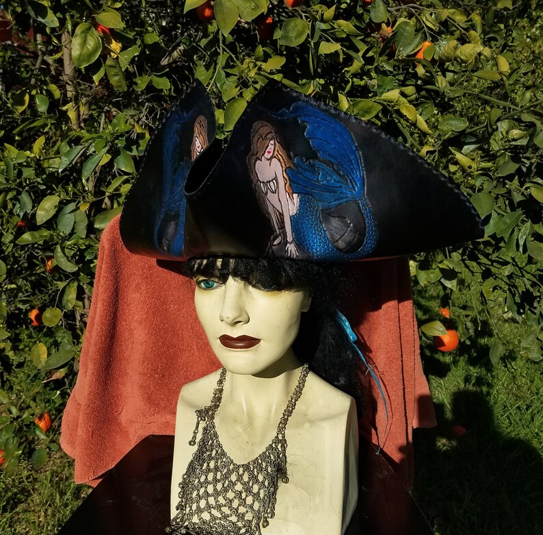 Tooled Mermaid Tri Corner Leather Pirate Hat - Etsy