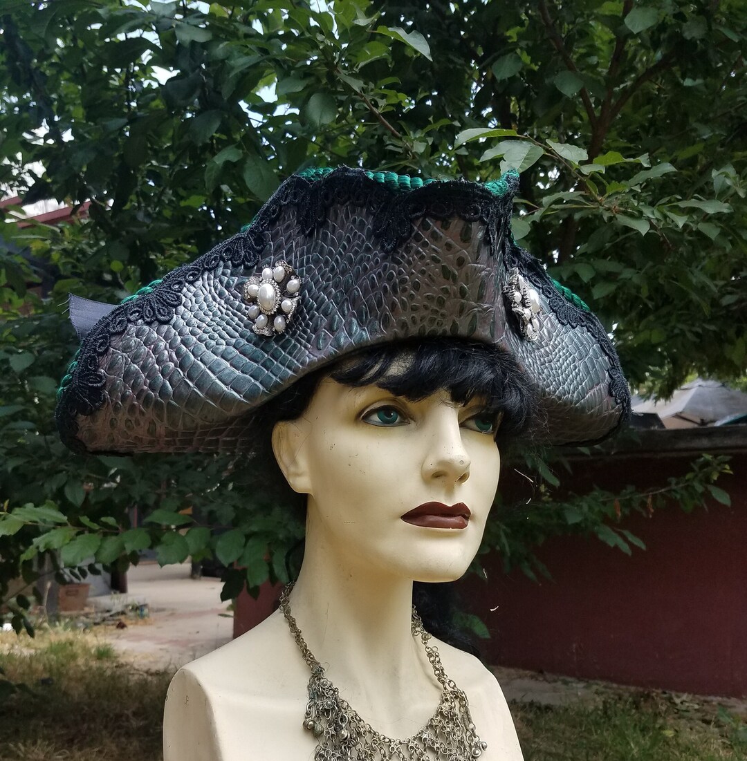 Silver/green/black Leather Tri Corner Pirate Hat - Etsy