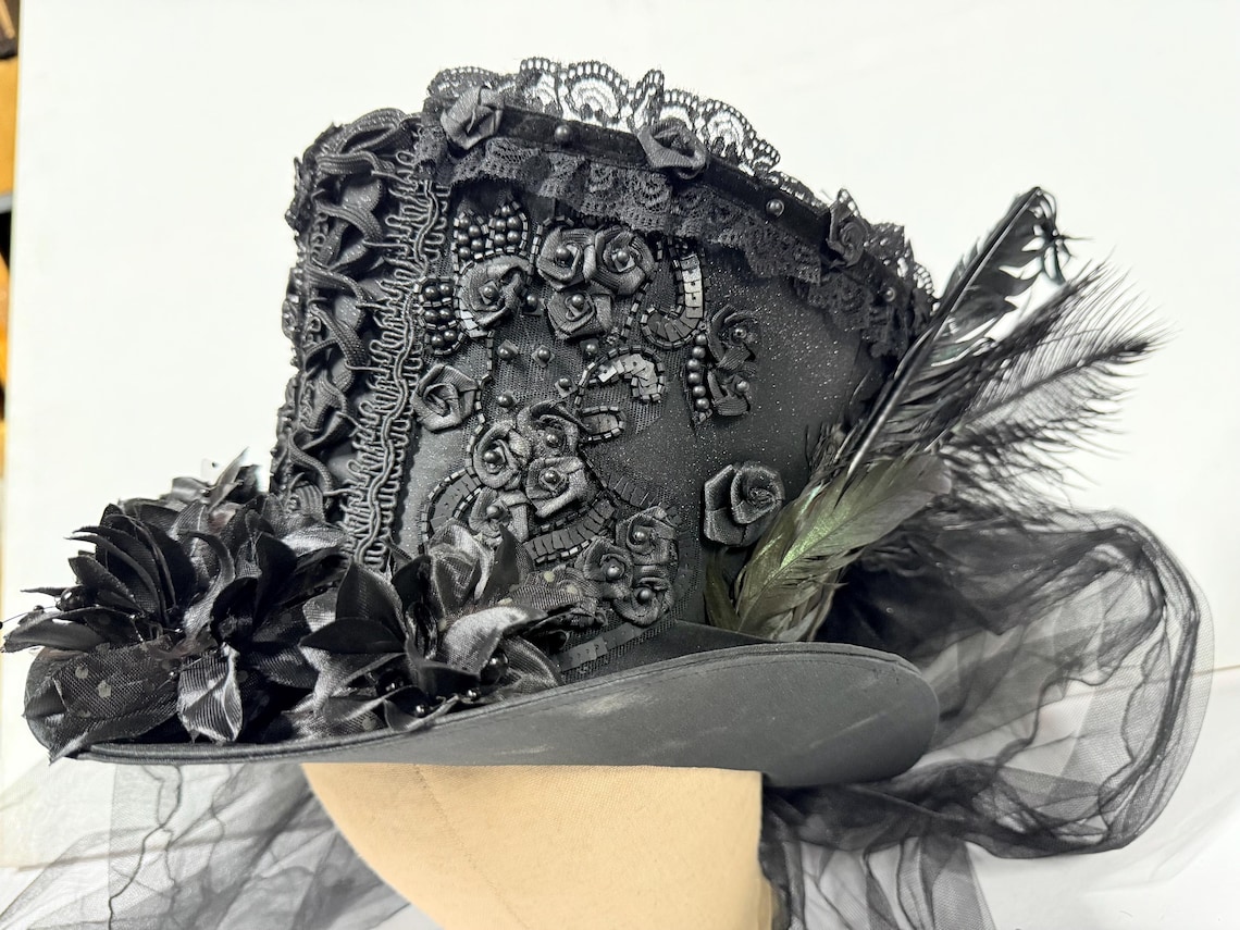 Gothic Black Corseted Top Hat Black Feathers Black Lace & Flowers - Etsy