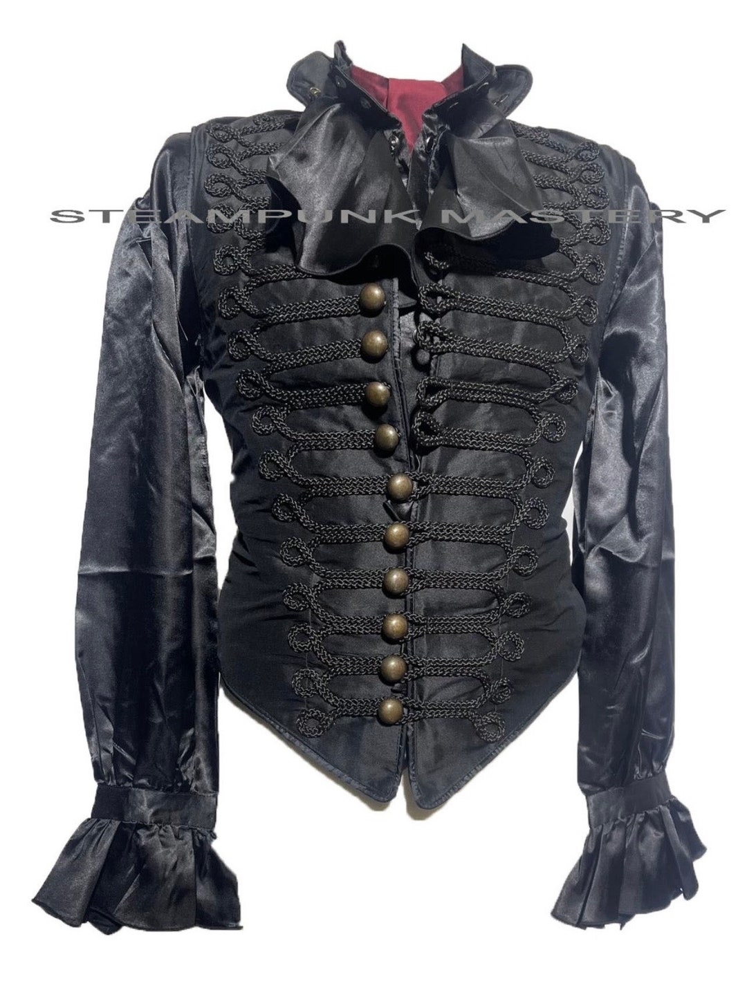 Gothic Black Ruffle Shirt Outfit With Front Braids Waistcoat & Self Tie ...
