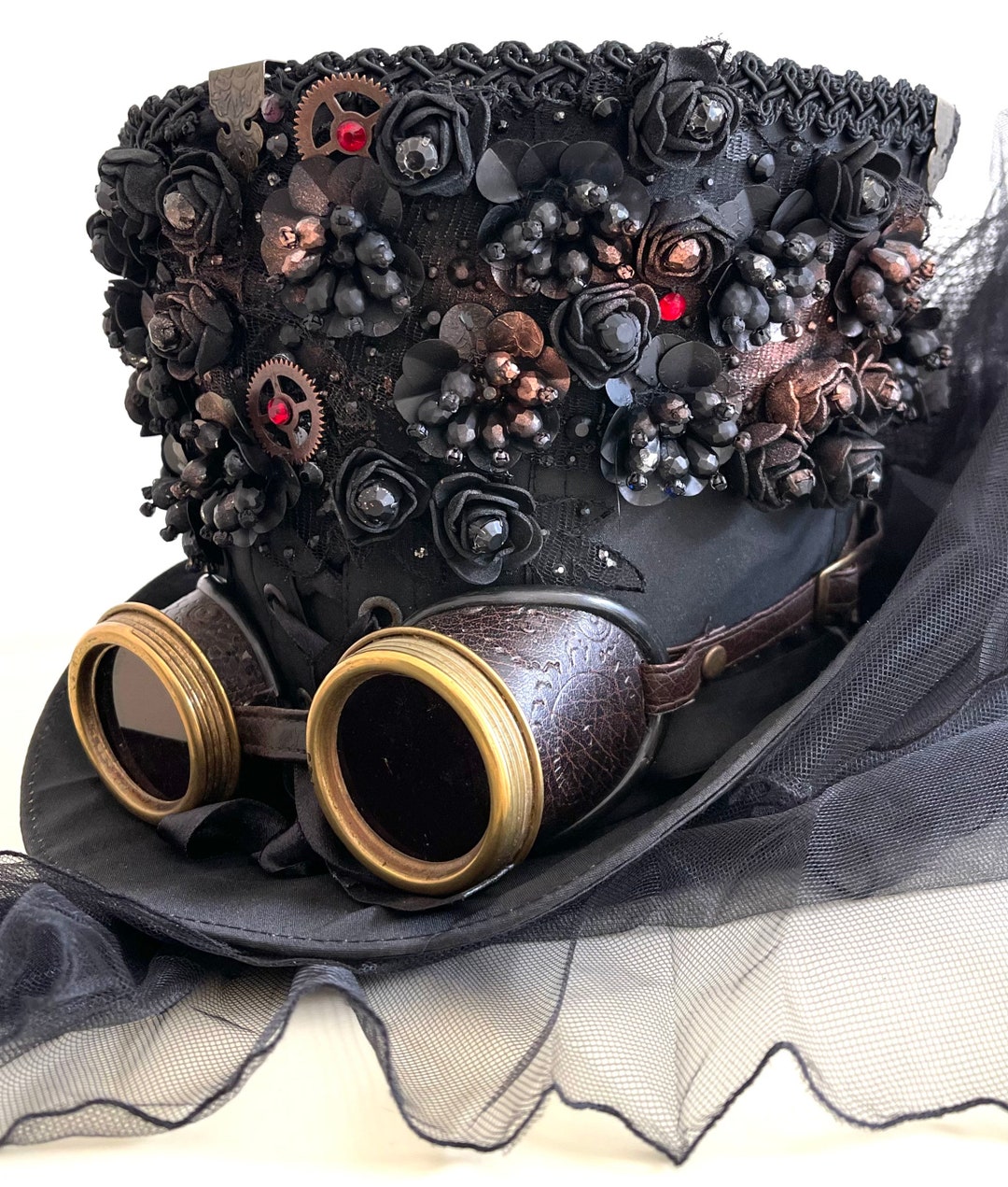 Steampunk Black Top Hat Jewel Cogs and Gear Embossing Goggles With 3D ...