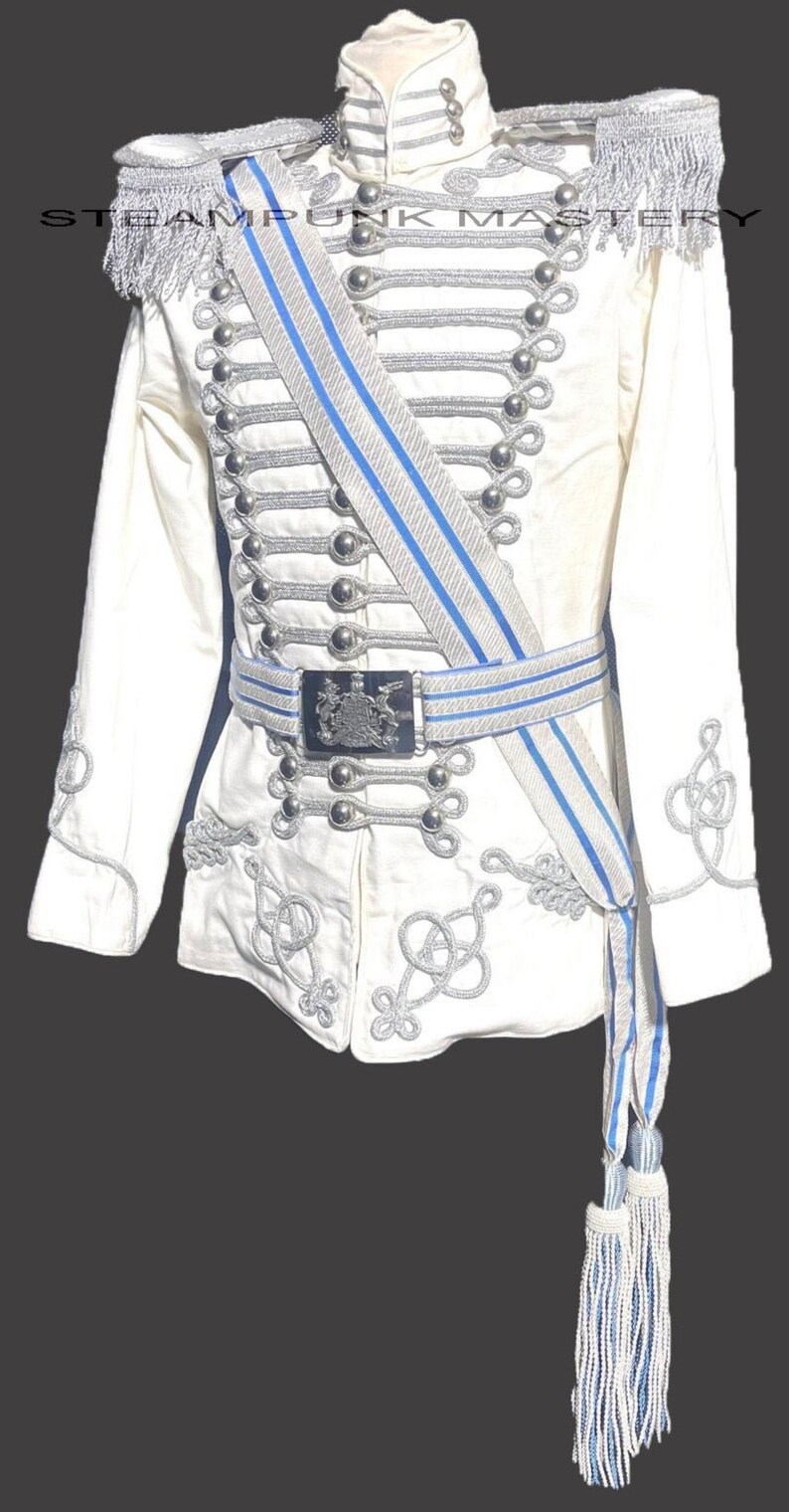 Hussars White Jacket: Silver Braids, Shoulder Eppaulates, Belt & Sash ...