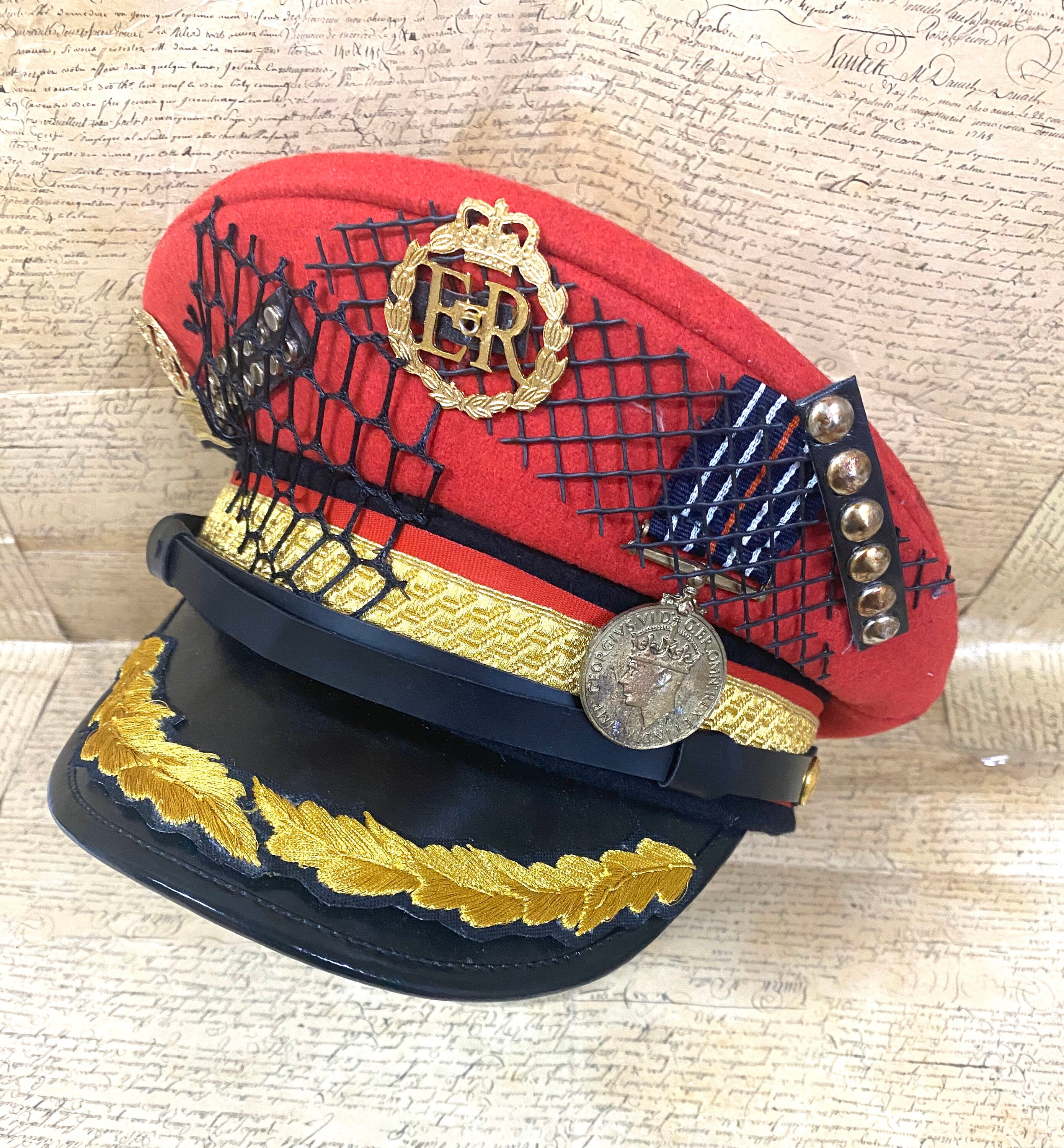 Industrial Punk Gothic Red Military Hat With Brass Badges and | Etsy