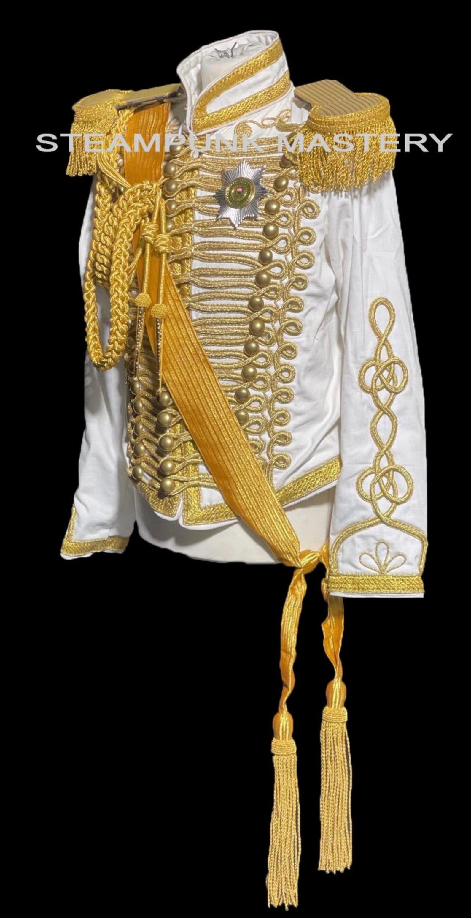 Men's White Hussar Jacket: Gold Braiding, Epaulettes, Sash (sizes 42-46 ...