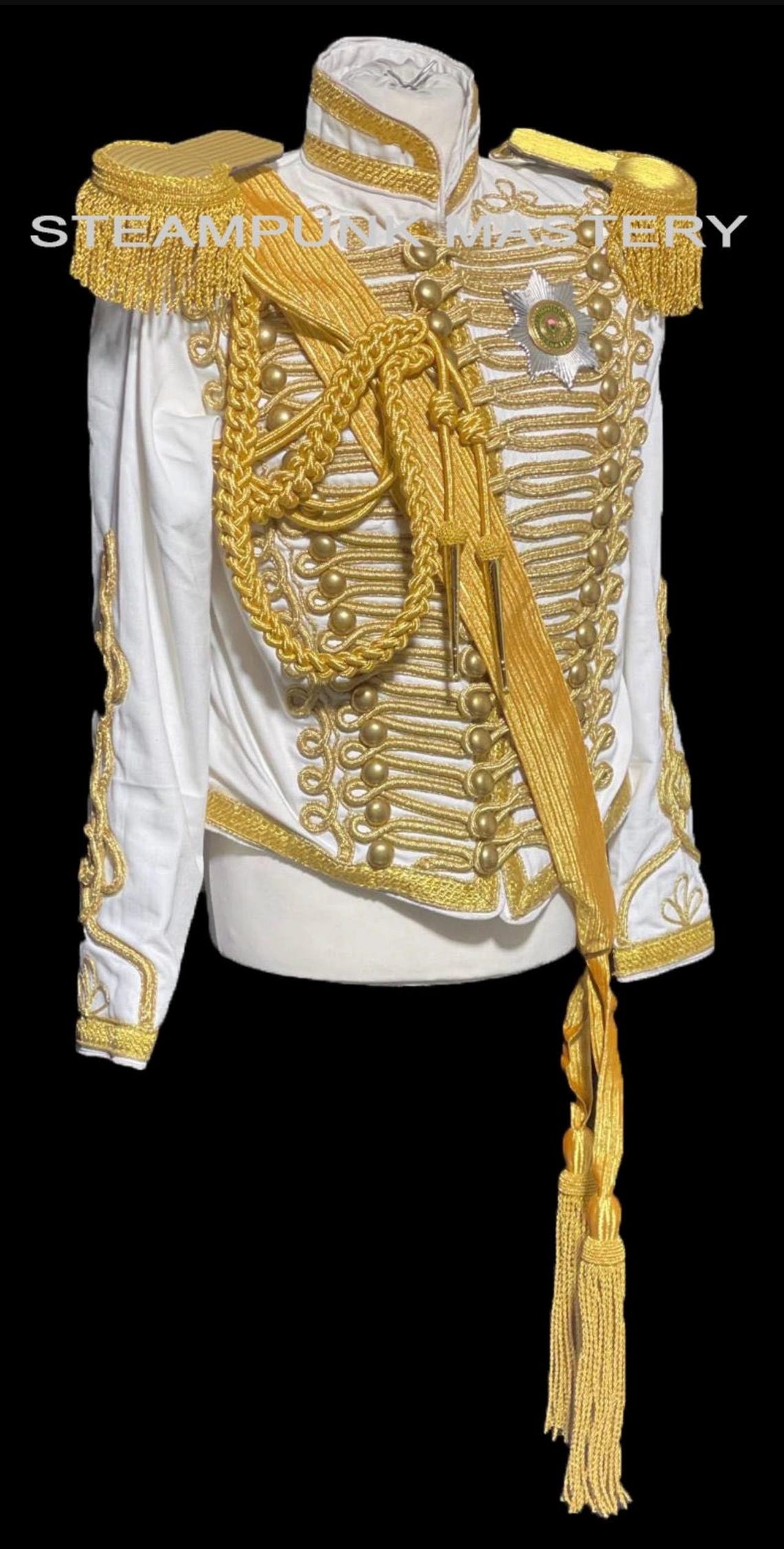 Men's White Hussar Jacket: Gold Braiding, Epaulettes, Sash (sizes 42-46 ...