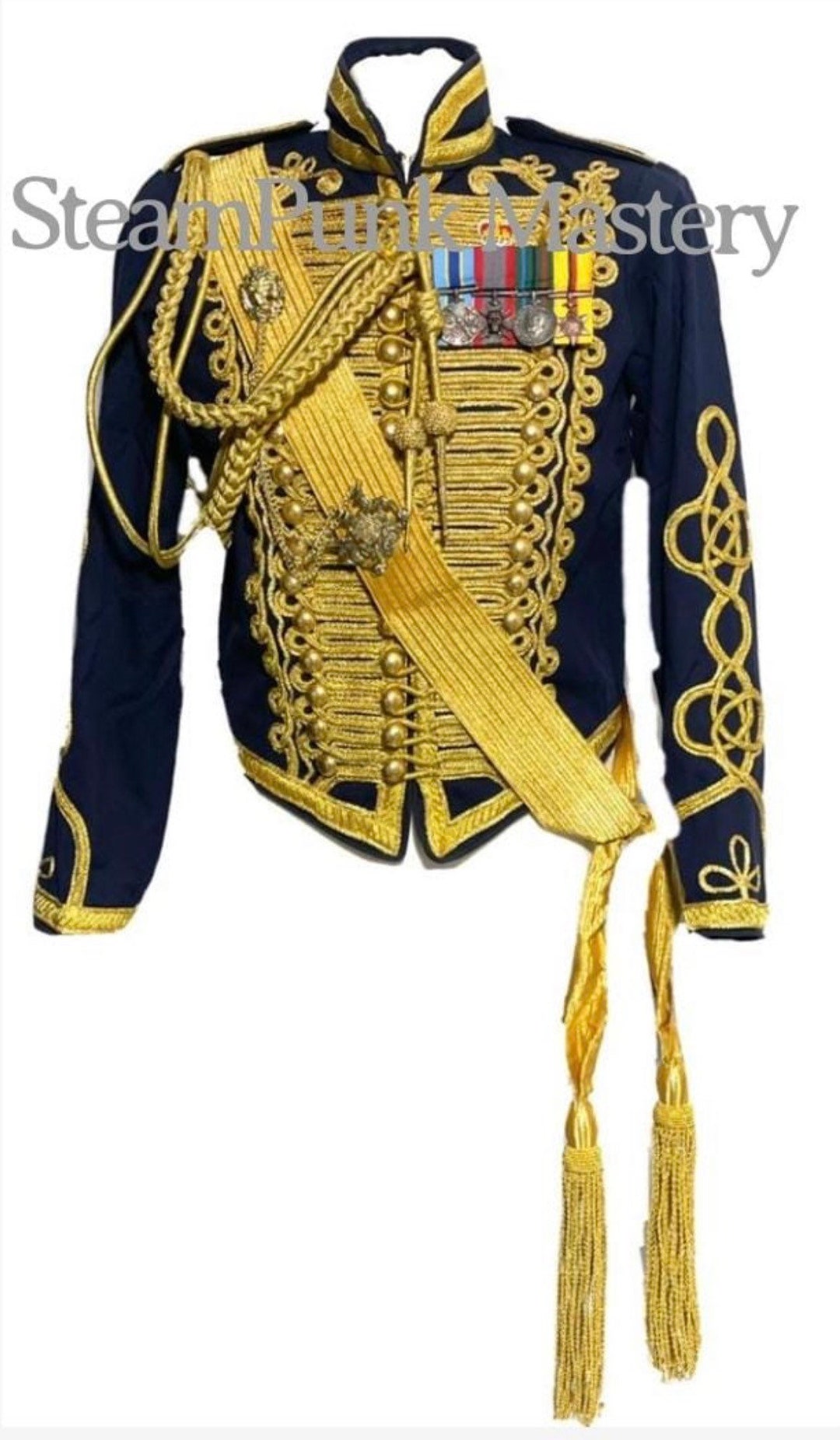 Navy Blue Hussar Jacket: Gold Braid, Aiguillette, Sash, Medals (6 Pcs ...