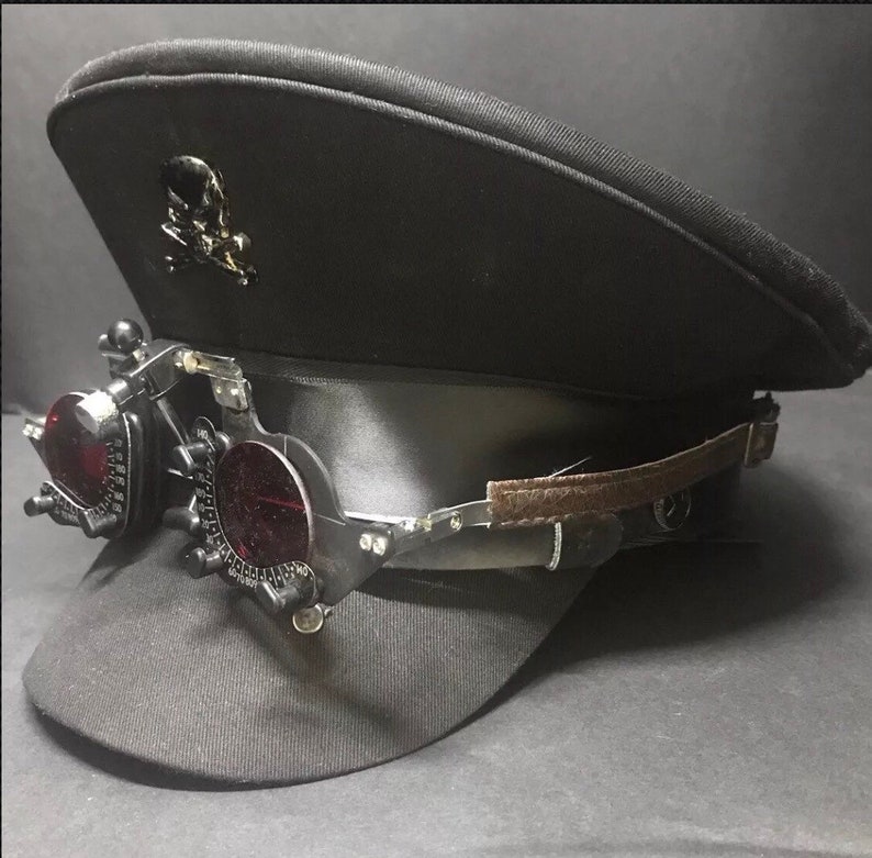 Dieselpunk Military Hat: Black Cotton Army Cap With Red Goggles & Skull ...