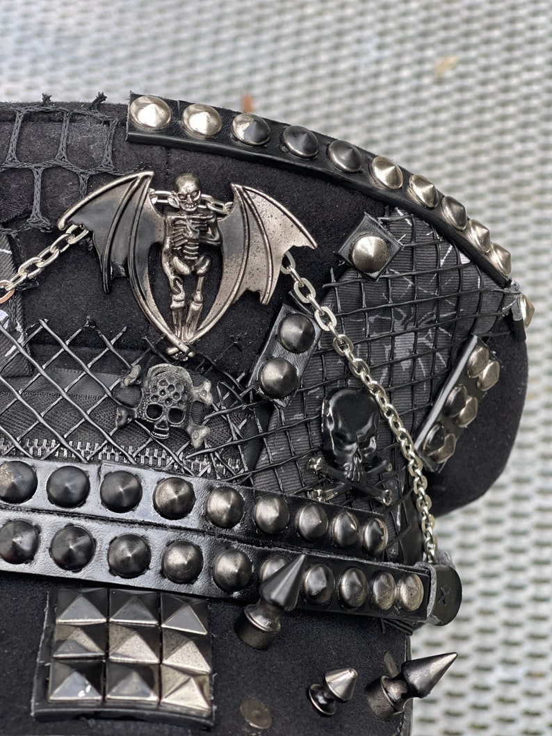 Gothic Punk PVC Military Hat With Chains and Skull Badges 57,58,59,60cm ...