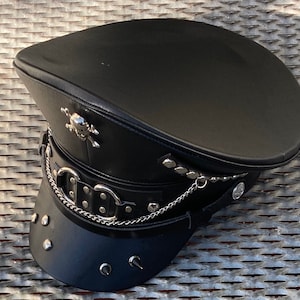 Industrial Punk Black Leatheret Hat With Chains and Metals With Spikes ...