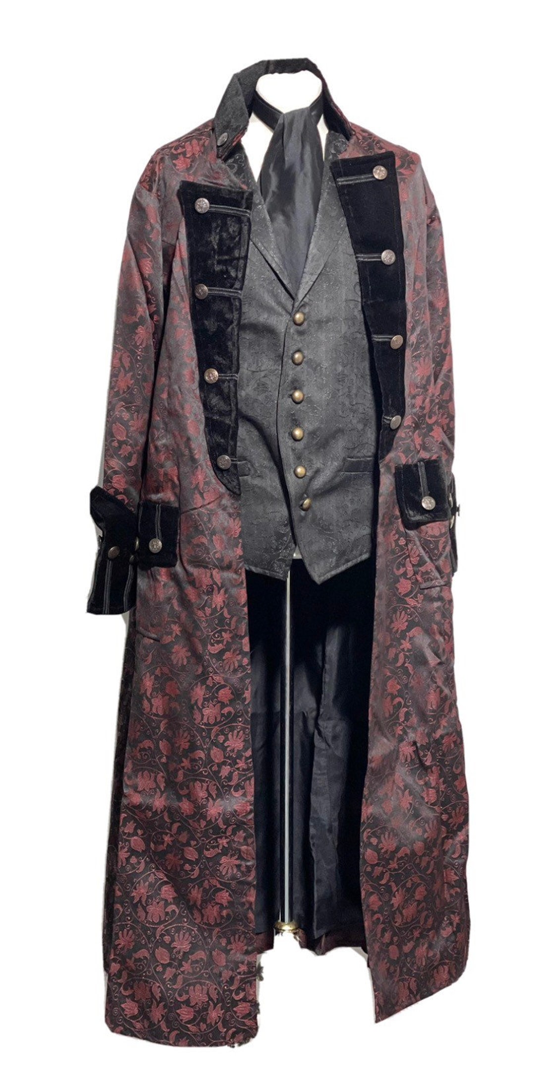 Dracula Style Maroon Coat Set: Velvet Lapels, Brocade Waistcoat, Silk ...