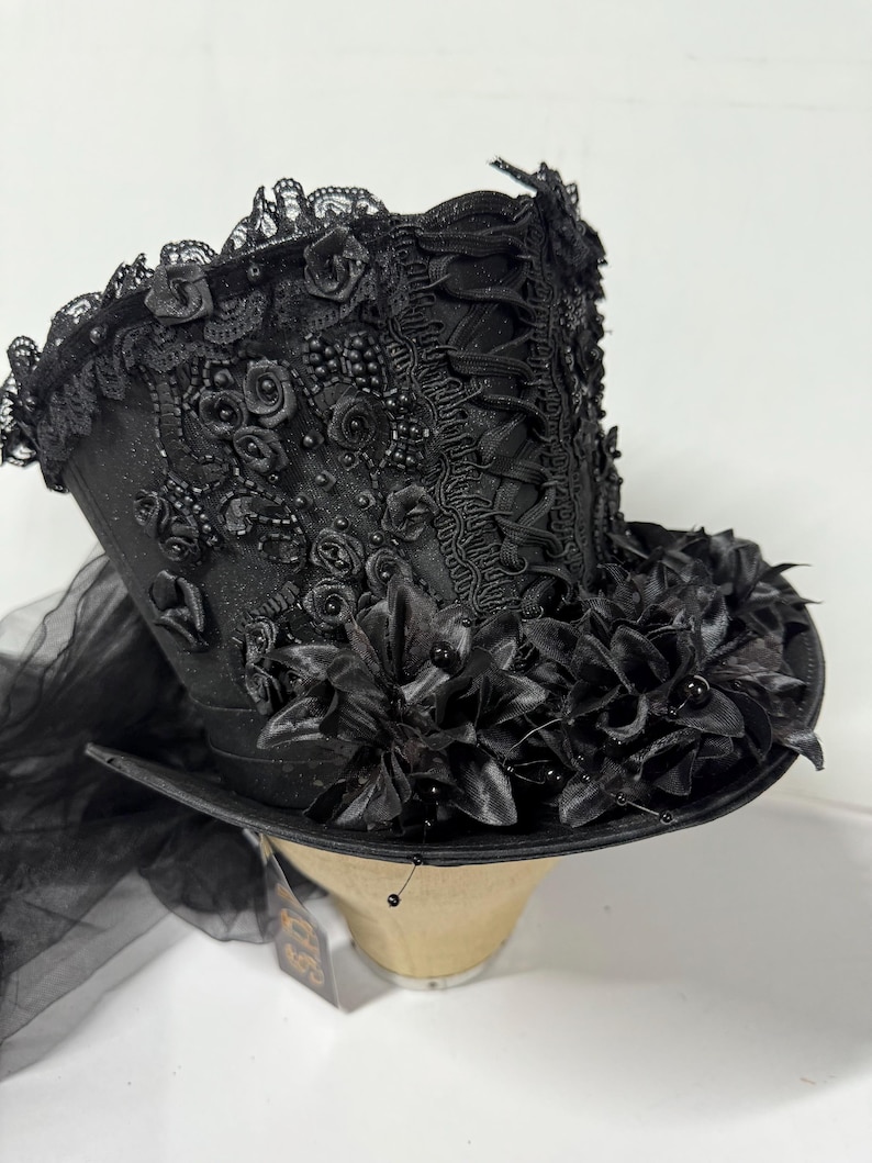 Gothic Black Corseted Top Hat Black Feathers Black Lace & Flowers - Etsy