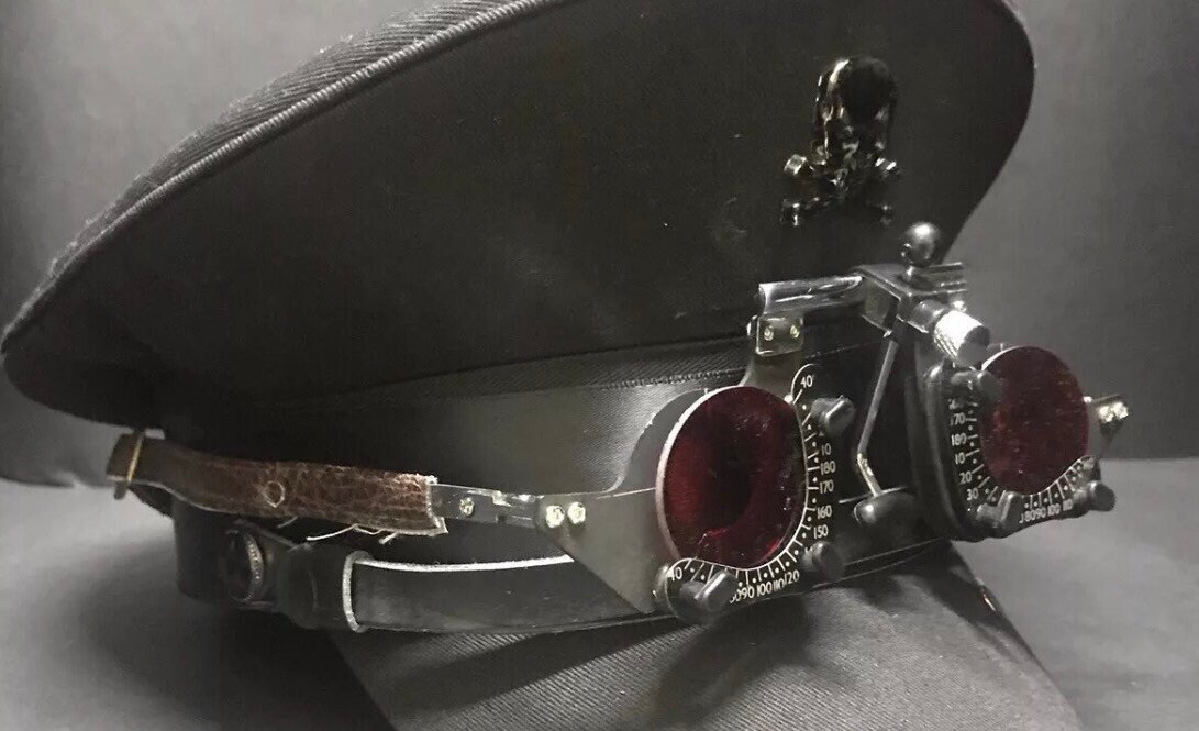 Dieselpunk Military Hat: Black Cotton Army Cap With Red Goggles & Skull ...