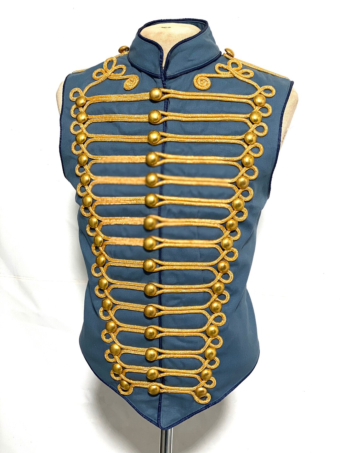 Men's Blue Hussar Waistcoat: Military Style Gold Braiding, Brass ...