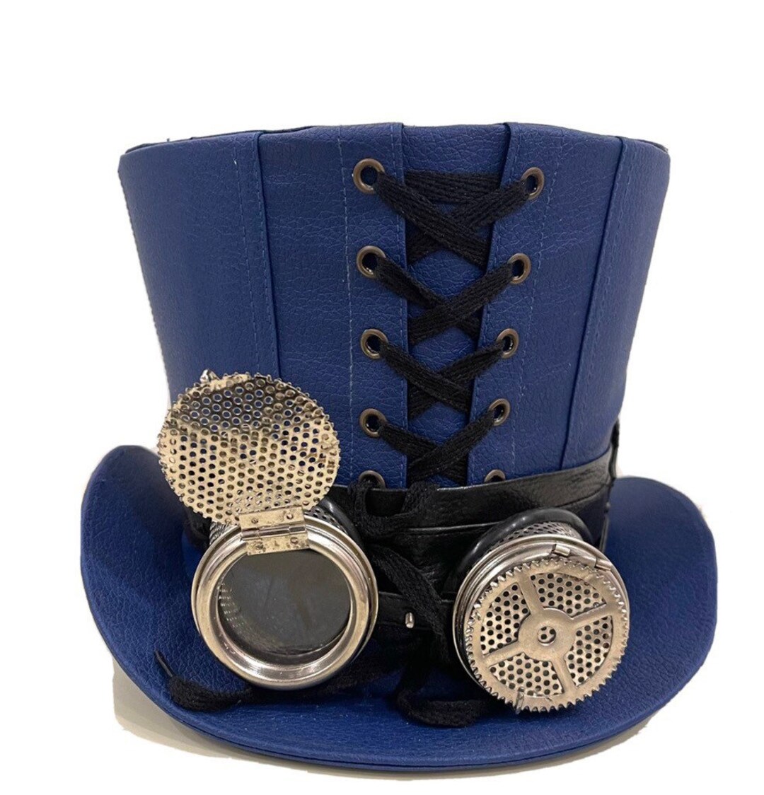 Steampunk Blue Leather Look Hinged Goggles Top Hat With Industrial ...