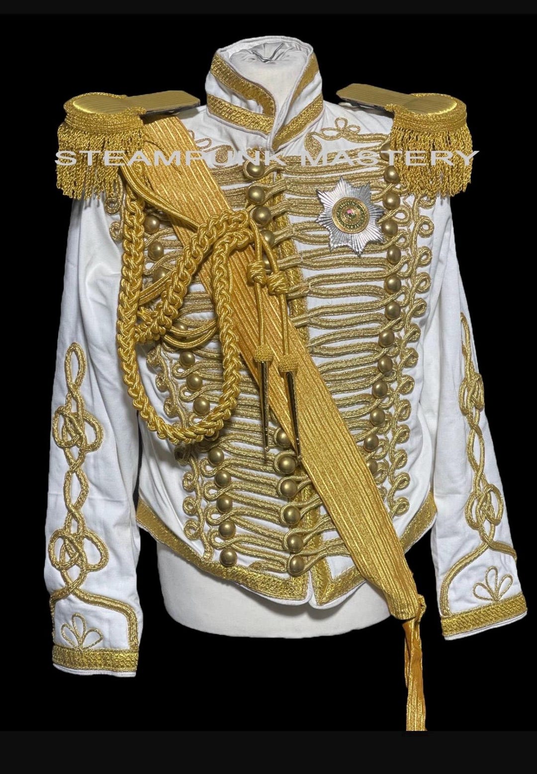 Men's White Hussar Jacket: Gold Braiding, Epaulettes, Sash (sizes 42-46 ...
