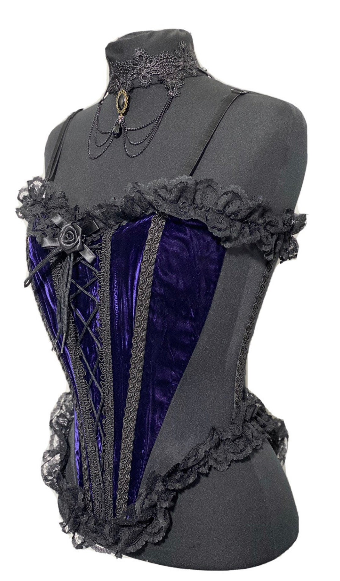 Gothic Steampunk Purple Plush Velvet Boned Corset With Black Frills and ...