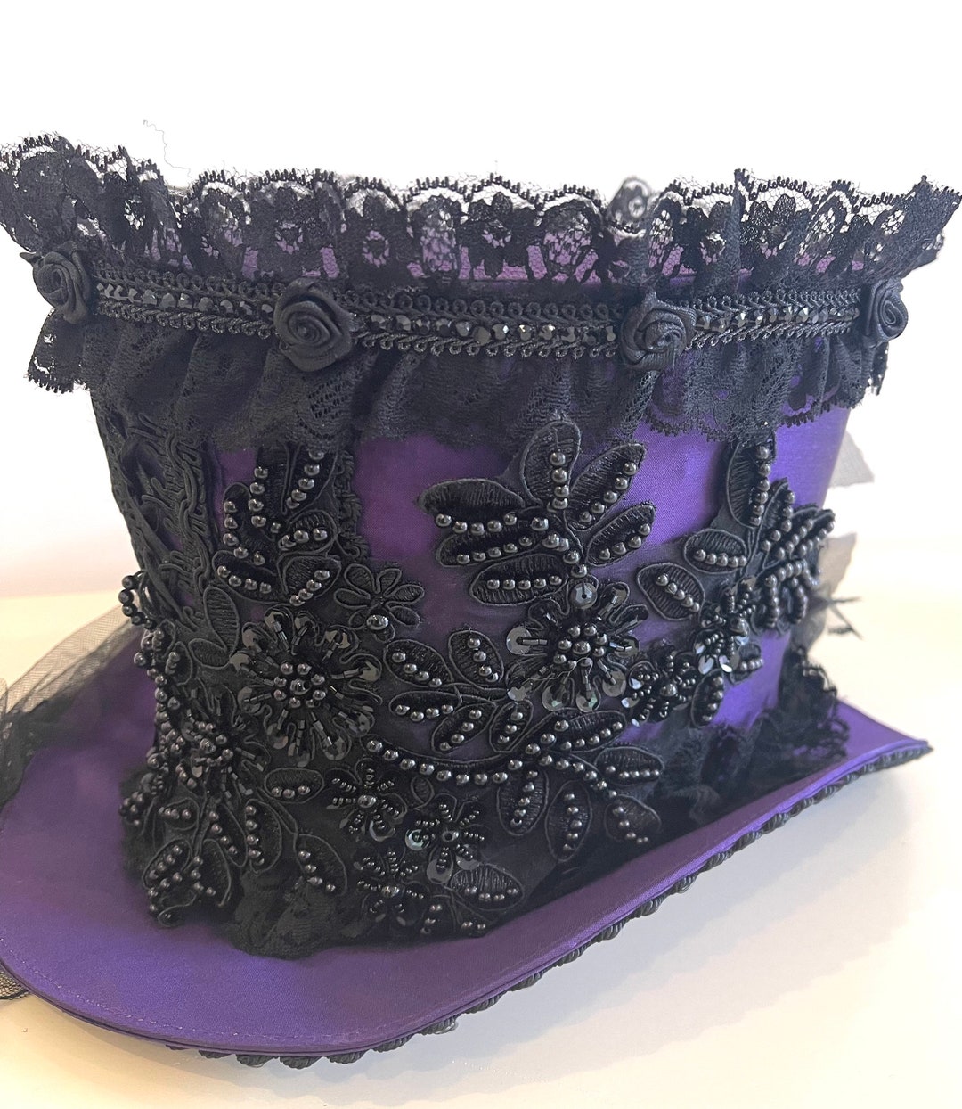 Purple Black Front Corseted Satin Top Hat With Jewels,pearls and Back ...