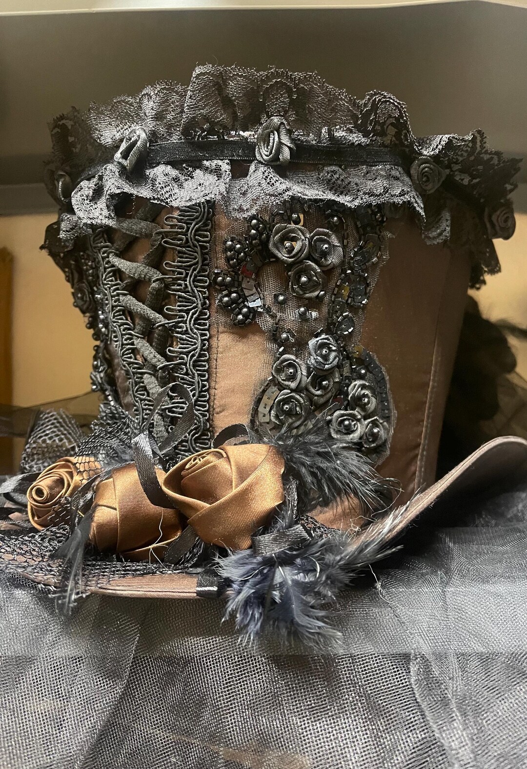 Edwardian Women Front Roses Brown Front Corseted Satin Top Hat Back ...