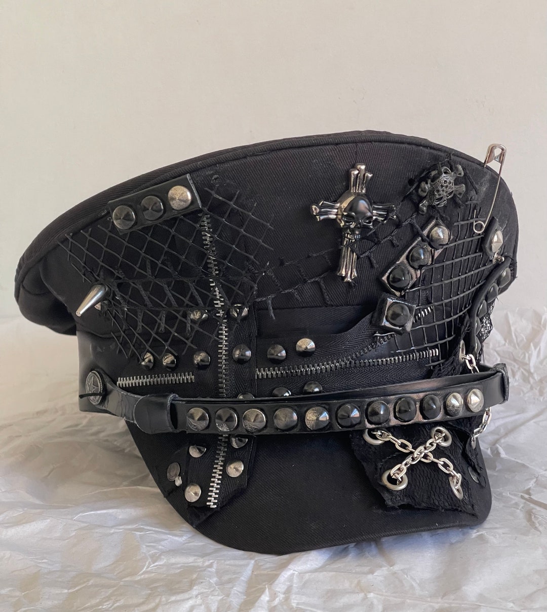 Punk Punkgothic Cotton Military Hat With Black Studs and Chains - Etsy