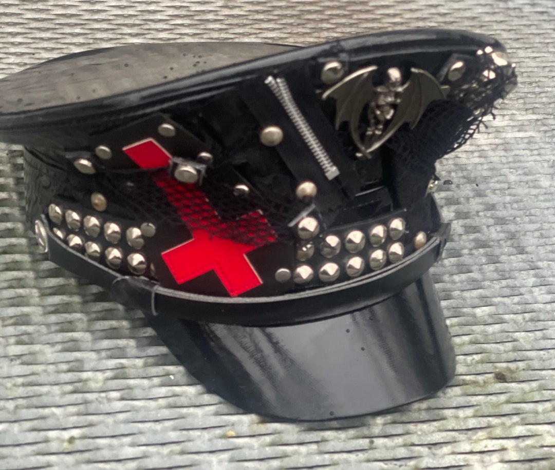 Industrial Punk, Gothic Patent PVC Black Military Hat With Cross and ...