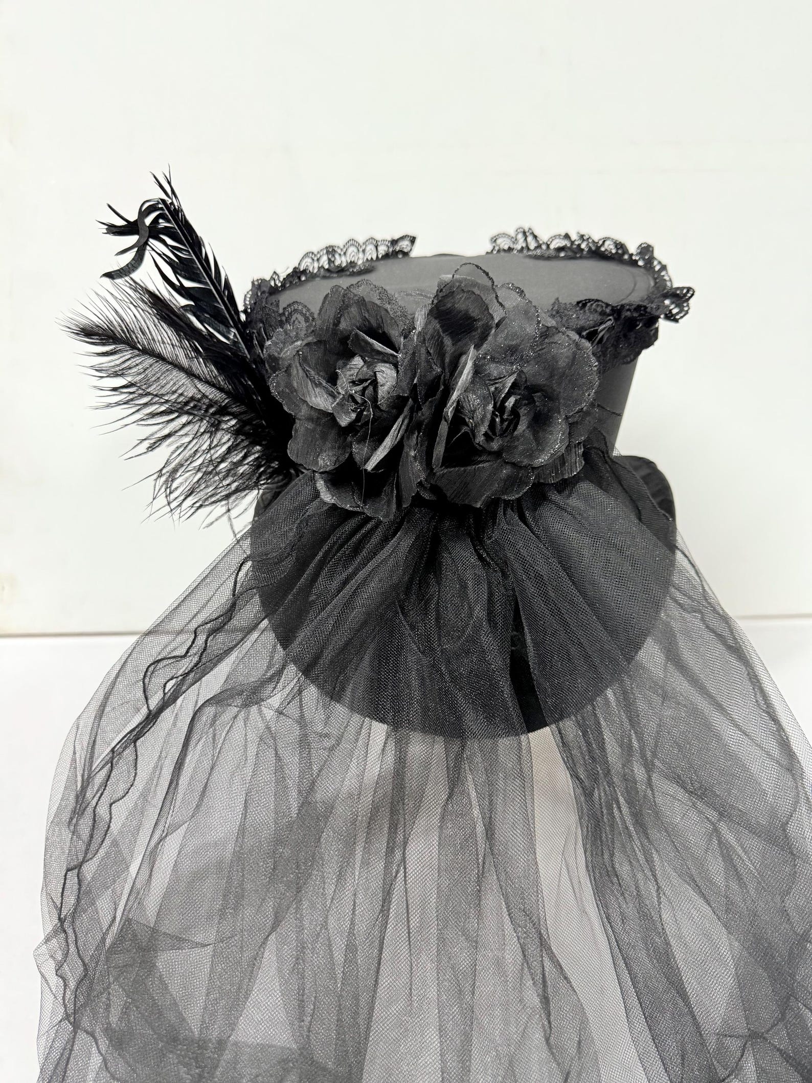 Gothic Black Corseted Top Hat Black Feathers Black Lace & Flowers - Etsy