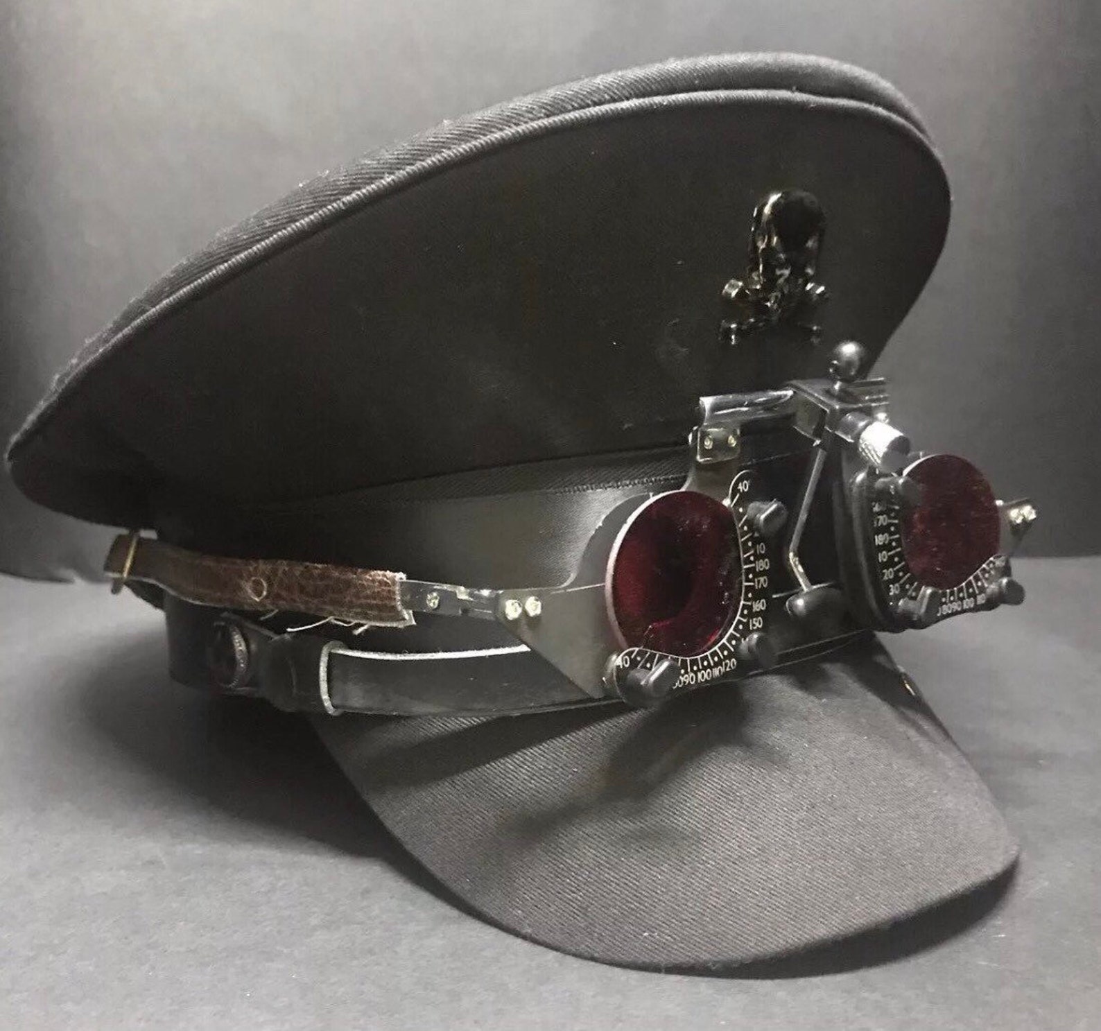 Dieselpunk Military Hat: Black Cotton Army Cap With Red Goggles & Skull ...
