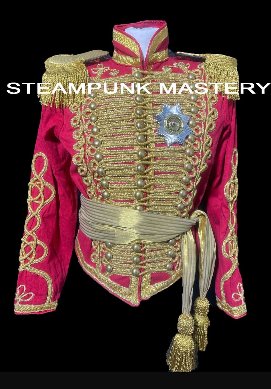 Men's Red Hussar Jacket: Gold Braiding, Epaulettes, Sash - Military ...