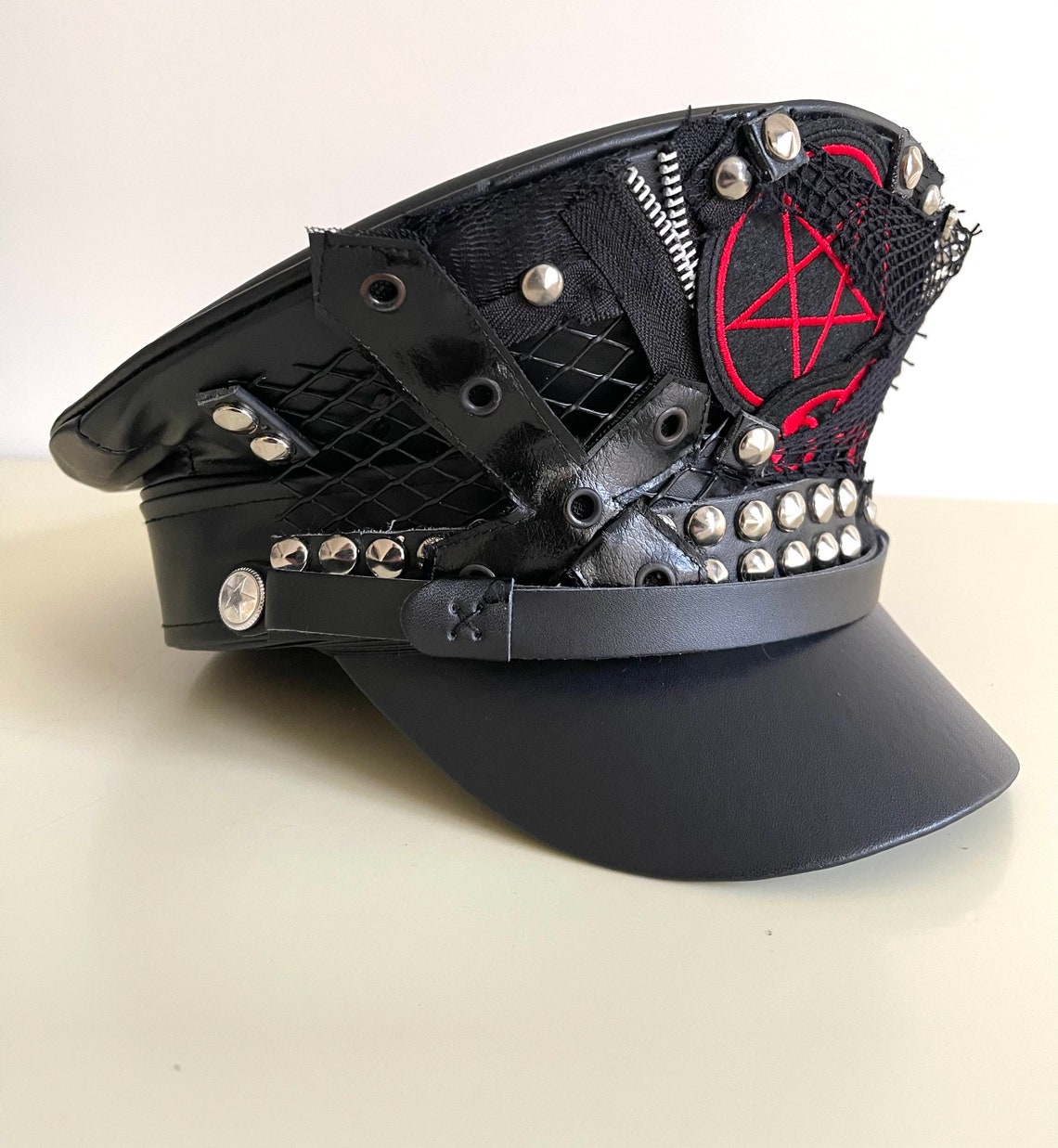 Goth Punk Black Military Hat With Patches,studs 56,57,58,59,60cm - Etsy