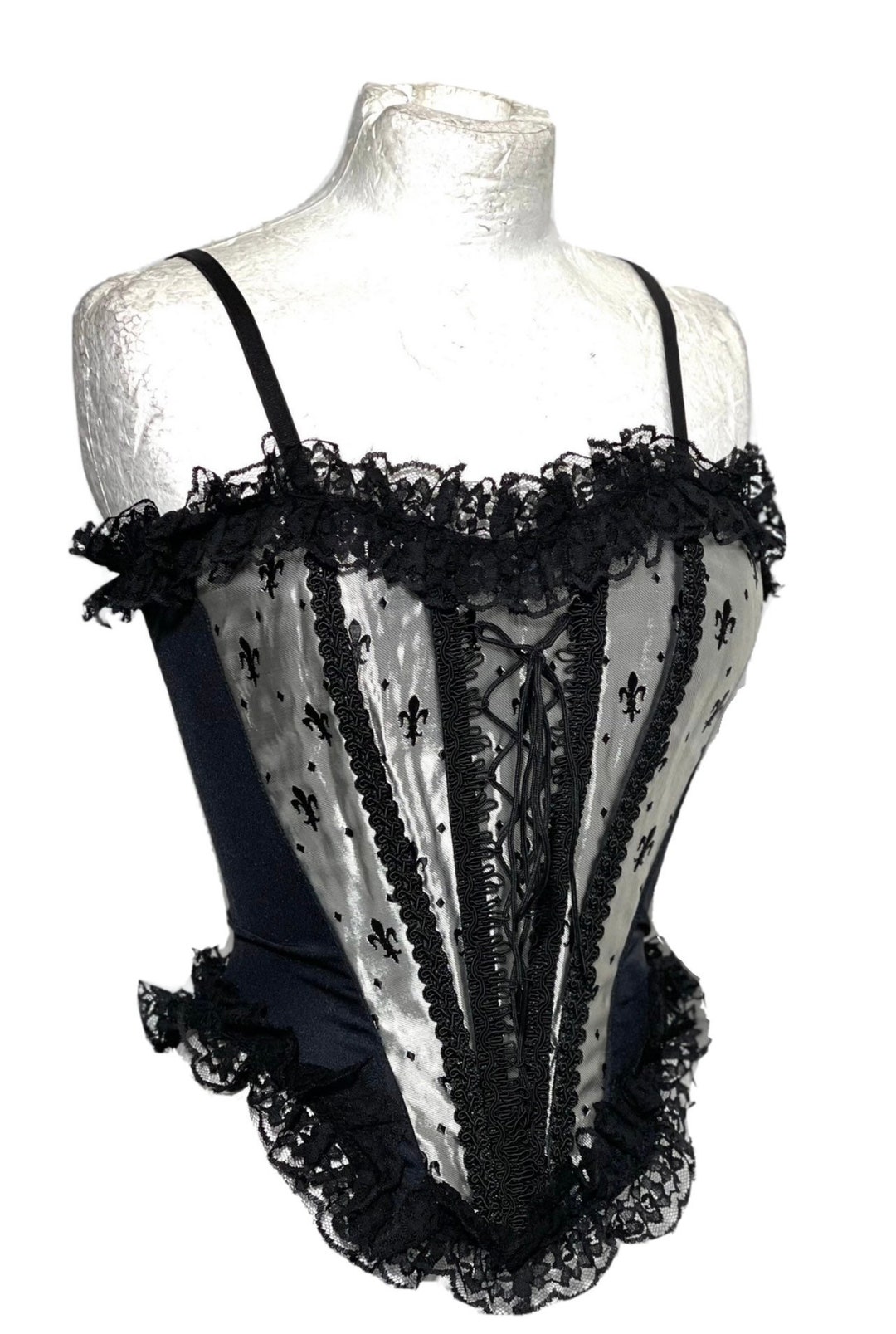 Gothic Steampunk Silver Fleur-de-lis Brocade Boned Bustier Black Frill ...