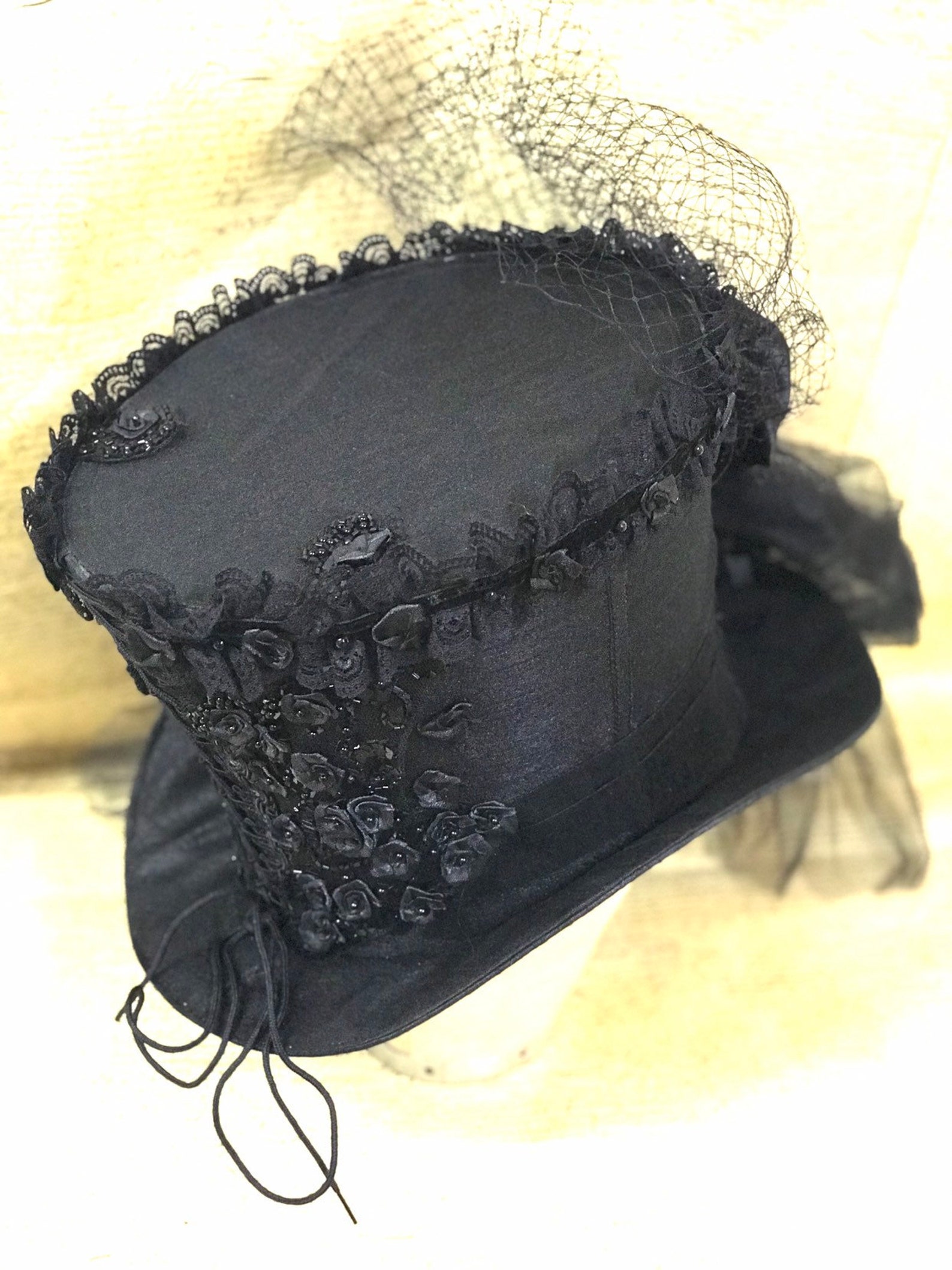 Black Front Corseted Satin Top Hat With Jewelspearls and Back | Etsy UK