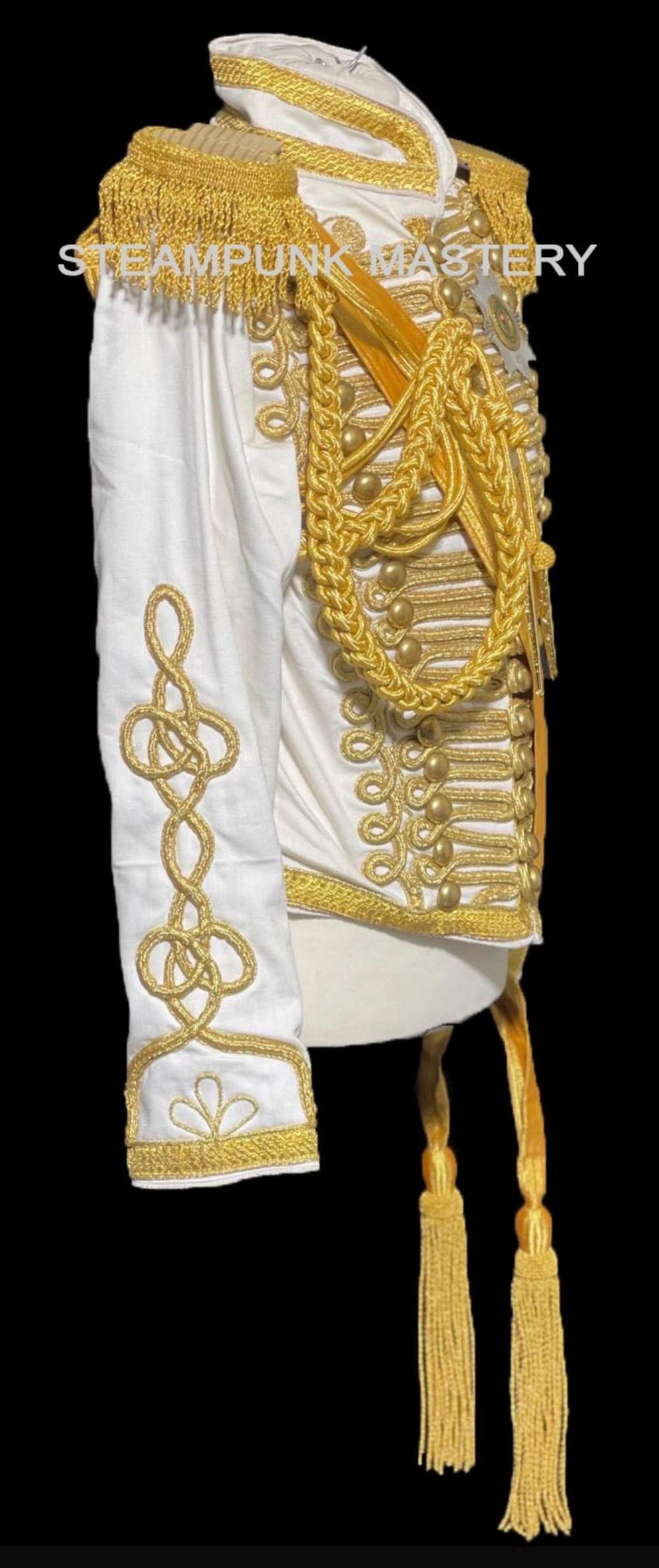 Men's White Hussar Jacket: Gold Braiding, Epaulettes, Sash (sizes 42-46 ...