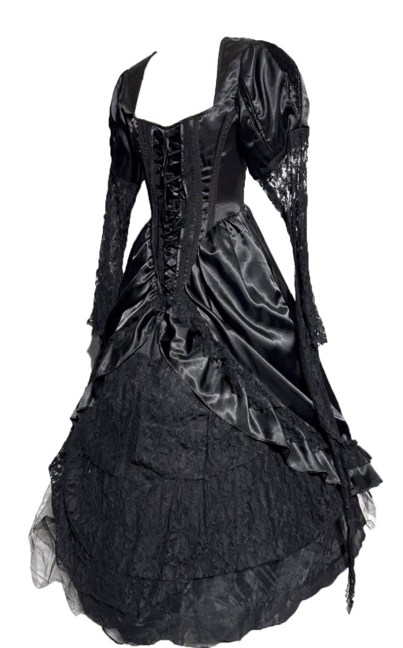 Edwardian Gothic Black Satin Ballroom Dress: Lace Trim, Boned Hoop ...