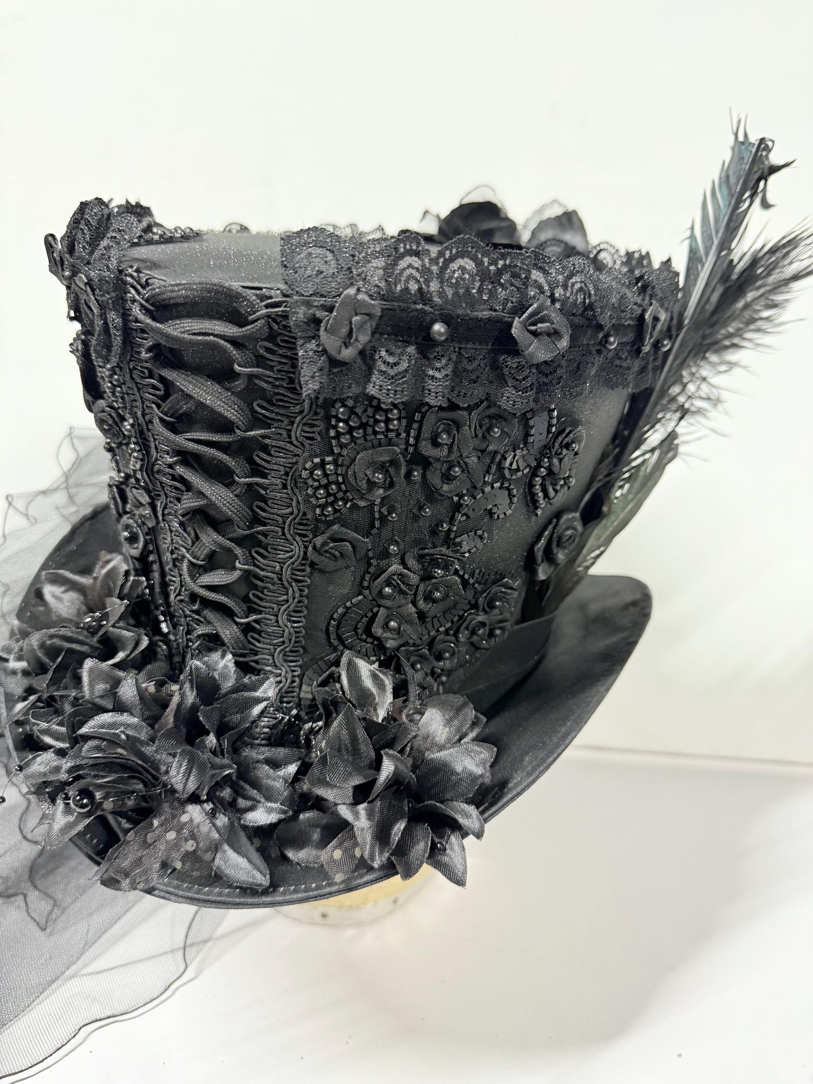 Gothic Black Corseted Top Hat Black Feathers Black Lace & Flowers - Etsy