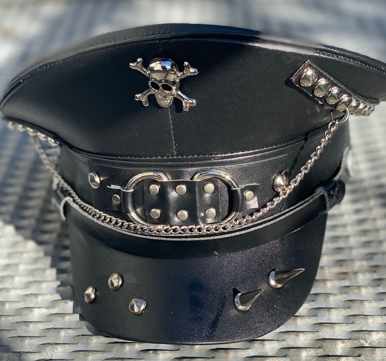 Industrial Punk Black Leatheret Hat With Chains and Metals - Etsy