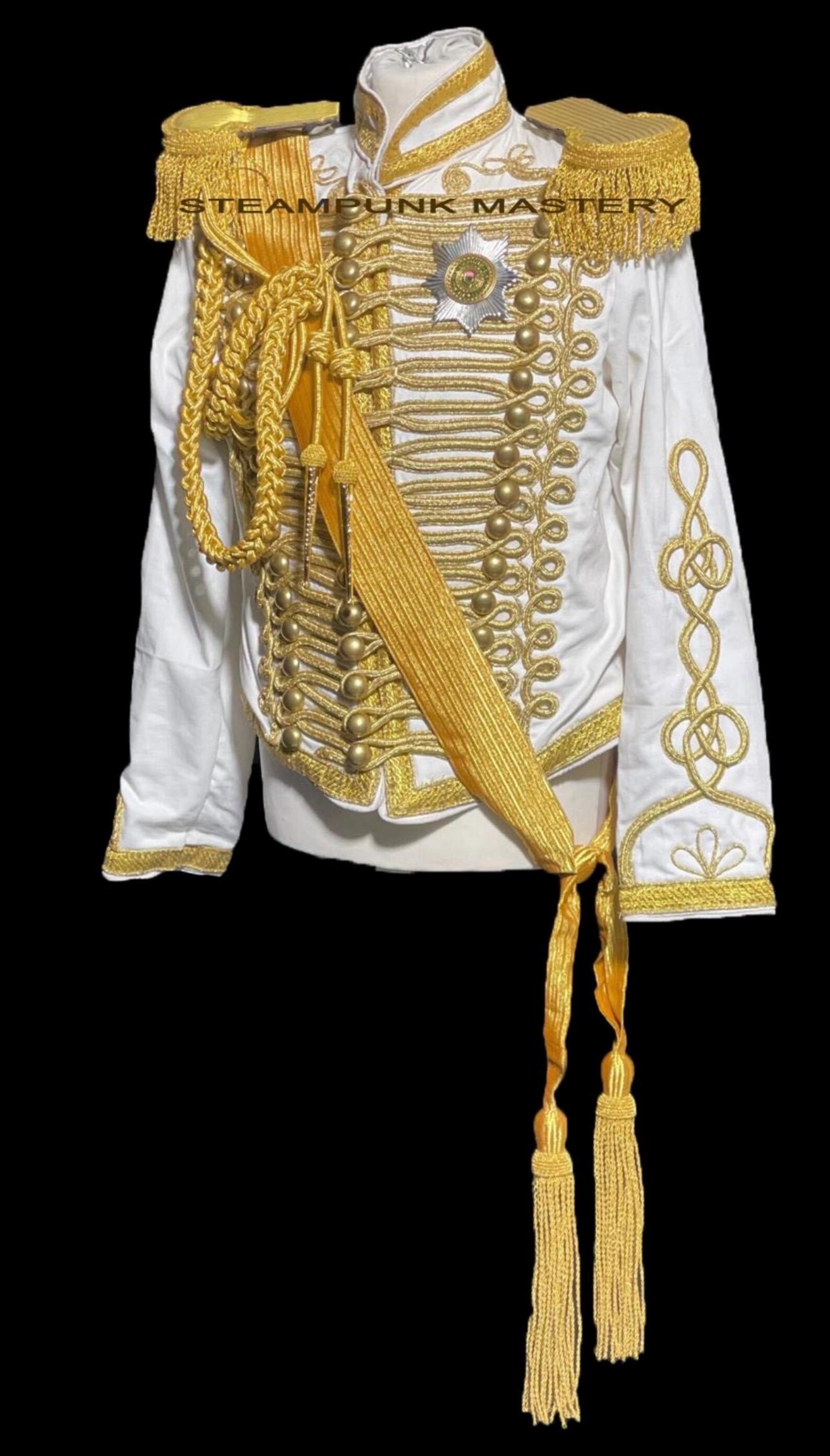 Men's White Hussar Jacket: Gold Braiding, Epaulettes, Sash (sizes 42-46 ...