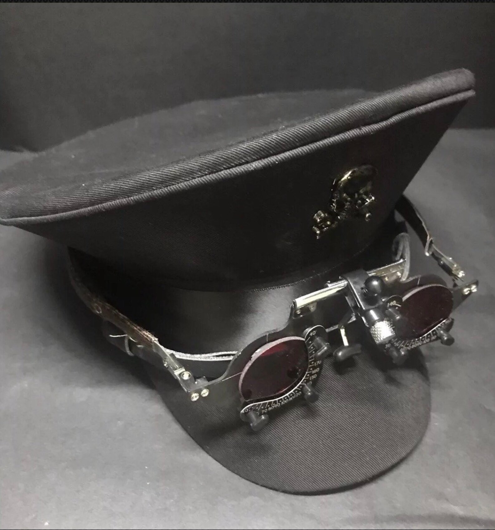 Dieselpunk Military Hat: Black Cotton Army Cap With Red Goggles & Skull ...