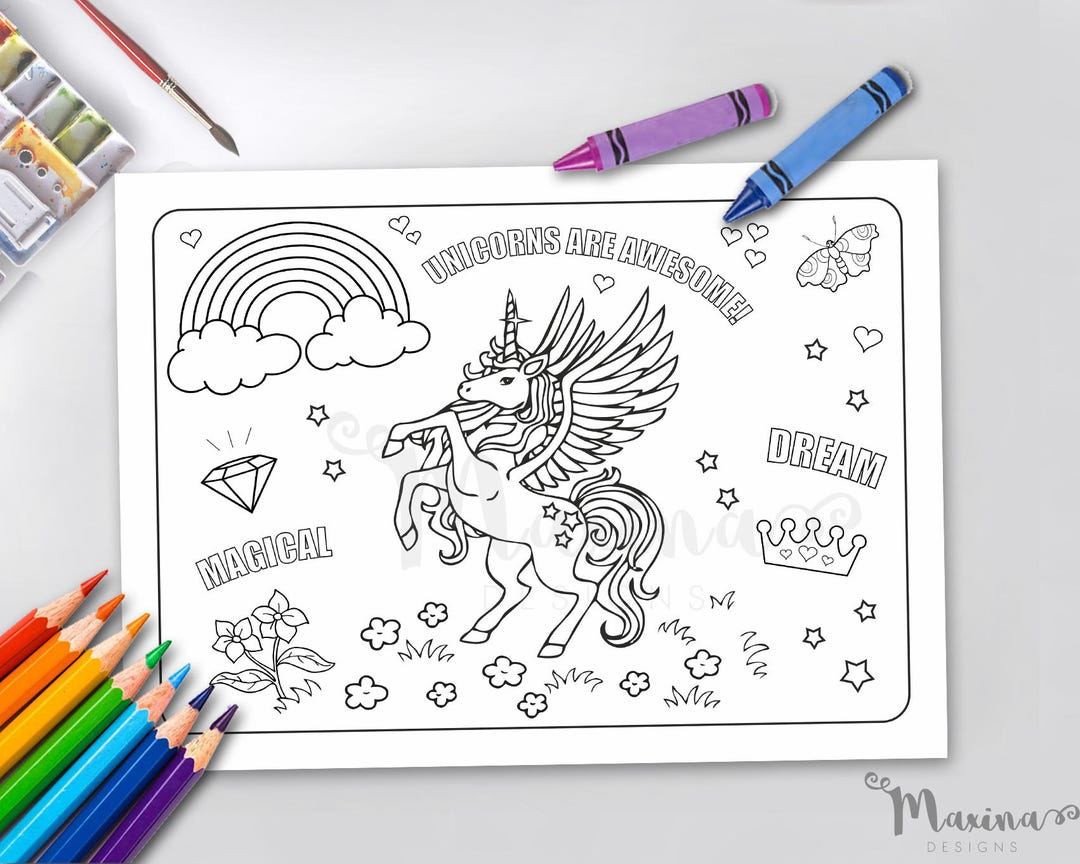 Unicorn Coloring Placemat, Unicorn Party, Unicorn Birthday, Unicorn ...
