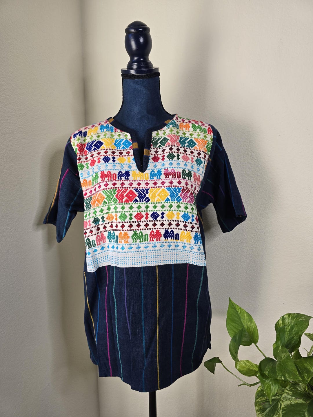 MEDIUM Guatemalan Indigo Hand Loomed Top, Blue Embroidered Blouse ...