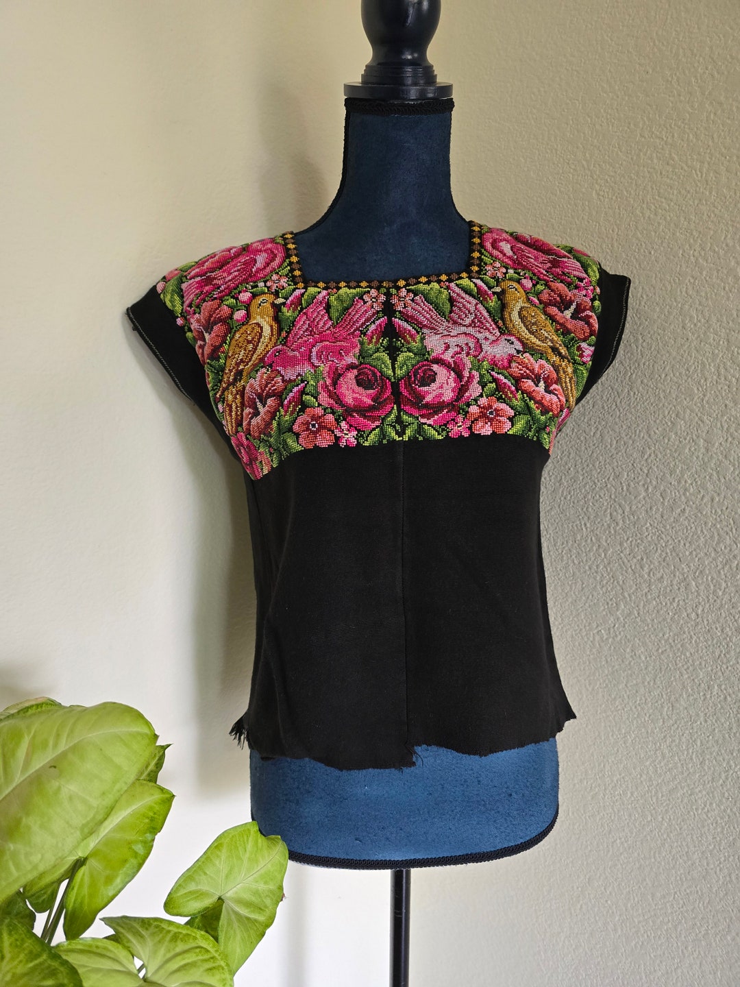 VINTAGE Black Guatemalan Hand Embroidered Top, Floral Mayan Top ...