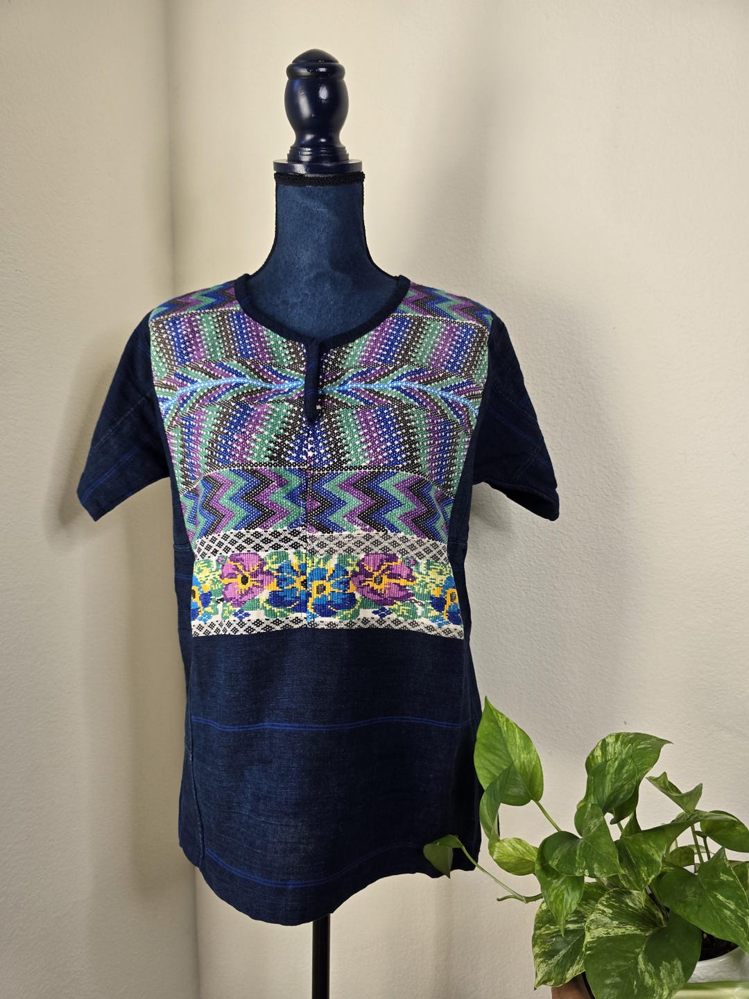 SMALL Guatemalan Indigo Hand Loomed Top, Blue Embroidered Blouse ...