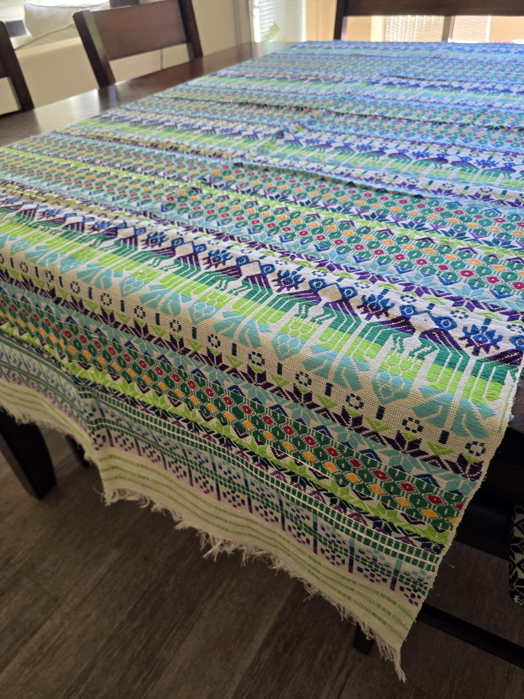 Guatemalan Handwoven Green and Blue Tablecloth With Bird Motifs ...