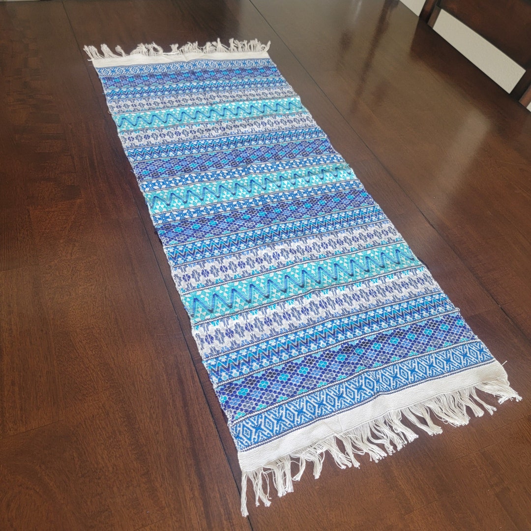 Multicolor Table Runner, White Blue Guatemalan Tablecloth, Blue Mayan ...