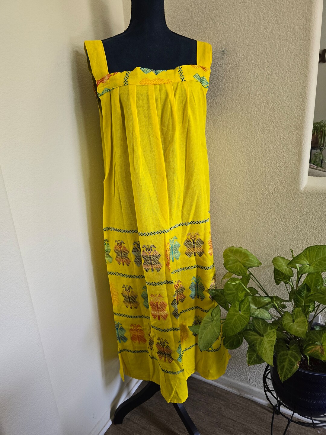 XL Guatemalan Yellow Dress, Latin Summer Dress, Short Sleeve Yellow ...