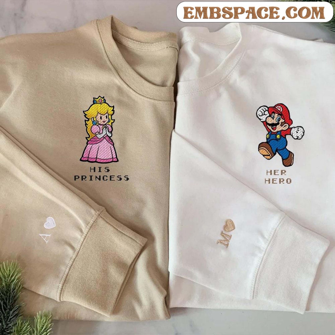 Mario and Princess Peach Embroidery Sweatshirt, Super Mario Embroidery ...